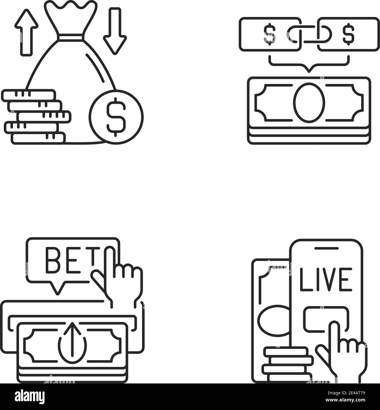 Bookmaking linear icons set. Over and under bet. Parlay. Making deposit ...