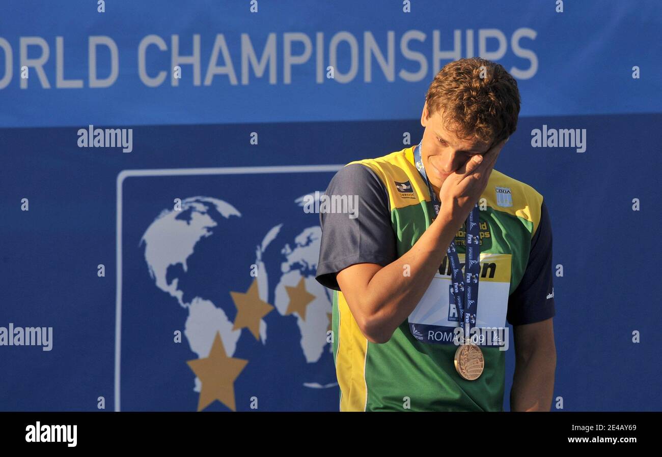 Brazil's Cesar Cielo wins the gold medal on the podium of the men's ...