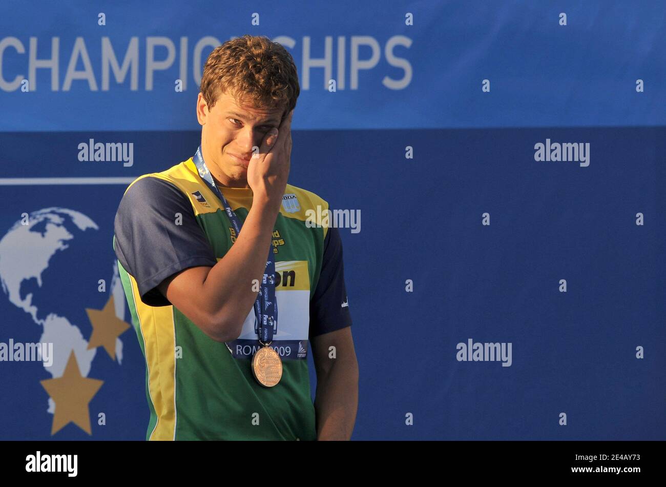 Brazil's Cesar Cielo wins the gold medal on the podium of the men's ...