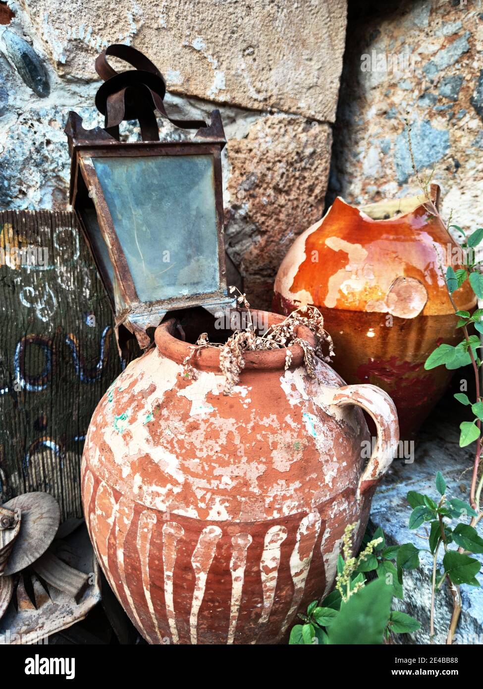 Rustic decoration in the outside area of a tavern in Leonigion, Arcadia ...