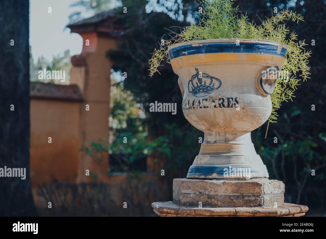 Seville, Spain - January 19, 2020: Side view of a decorative flower pot ...
