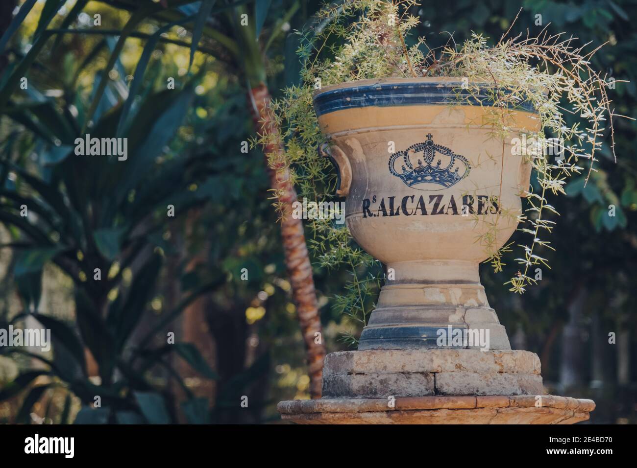 Seville, Spain - January 19, 2020: Decorative flower pot in the gardens ...