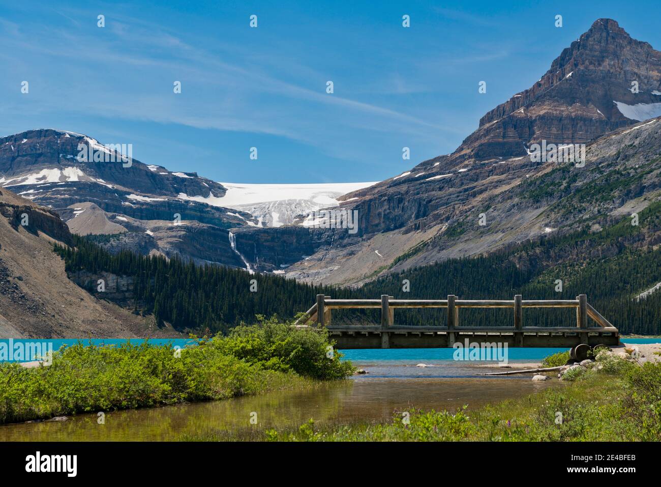 Bridge on Bow Lake, Bow Glacier, Mt. Thompson, Banff National Park ...