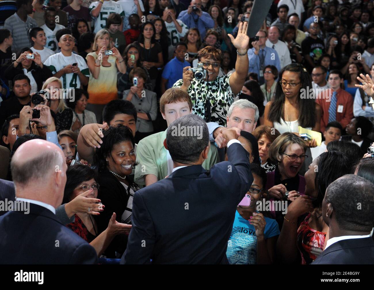 President Barack Obama shakes hands with students after delivering a ...