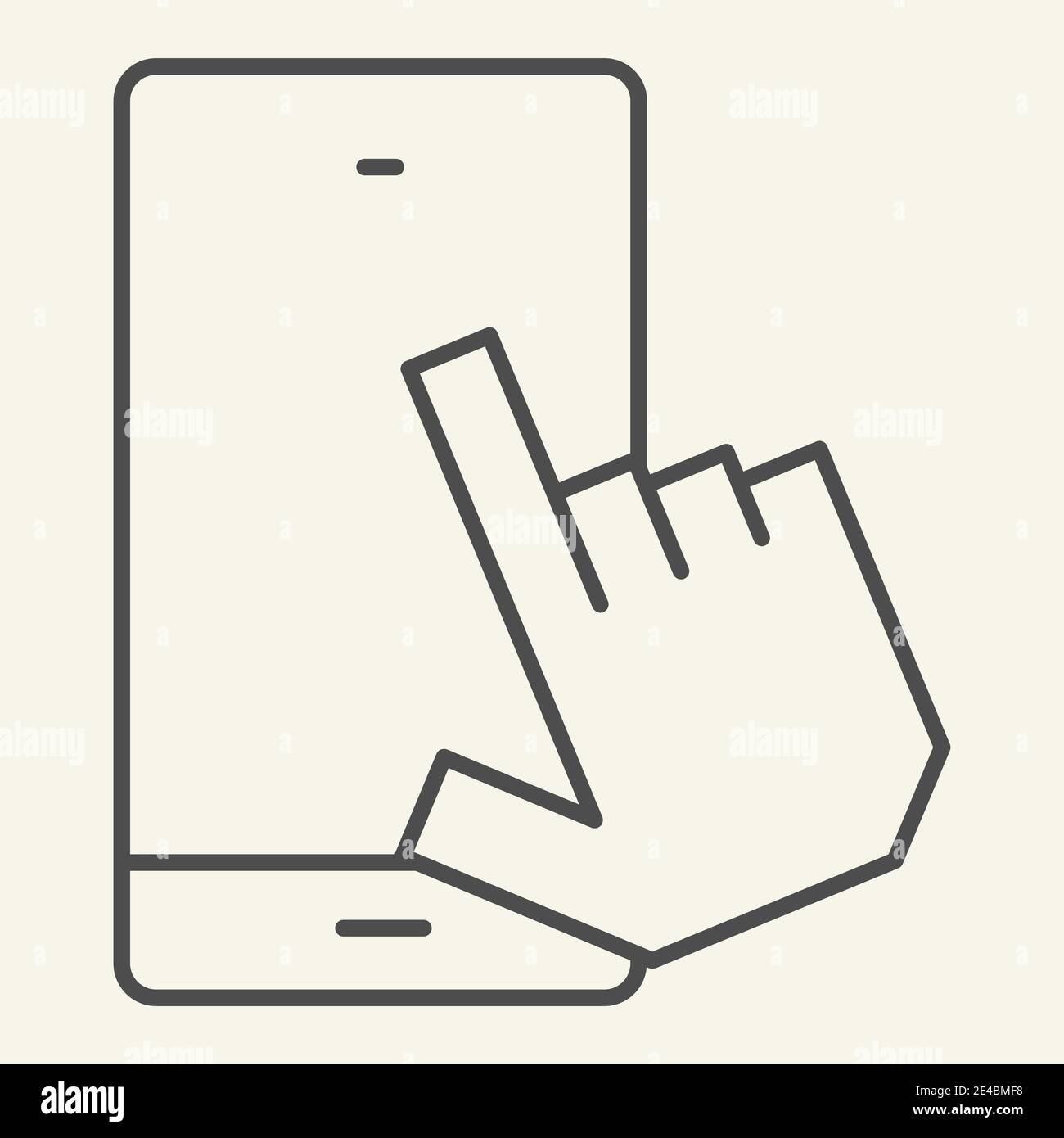 Smartphone with pointing hand thin line icon. Touch screen vector ...