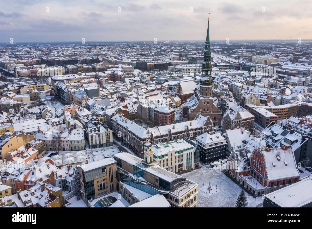 Aerial view of Riga town with Daugava river and downtown on a beautiful ...