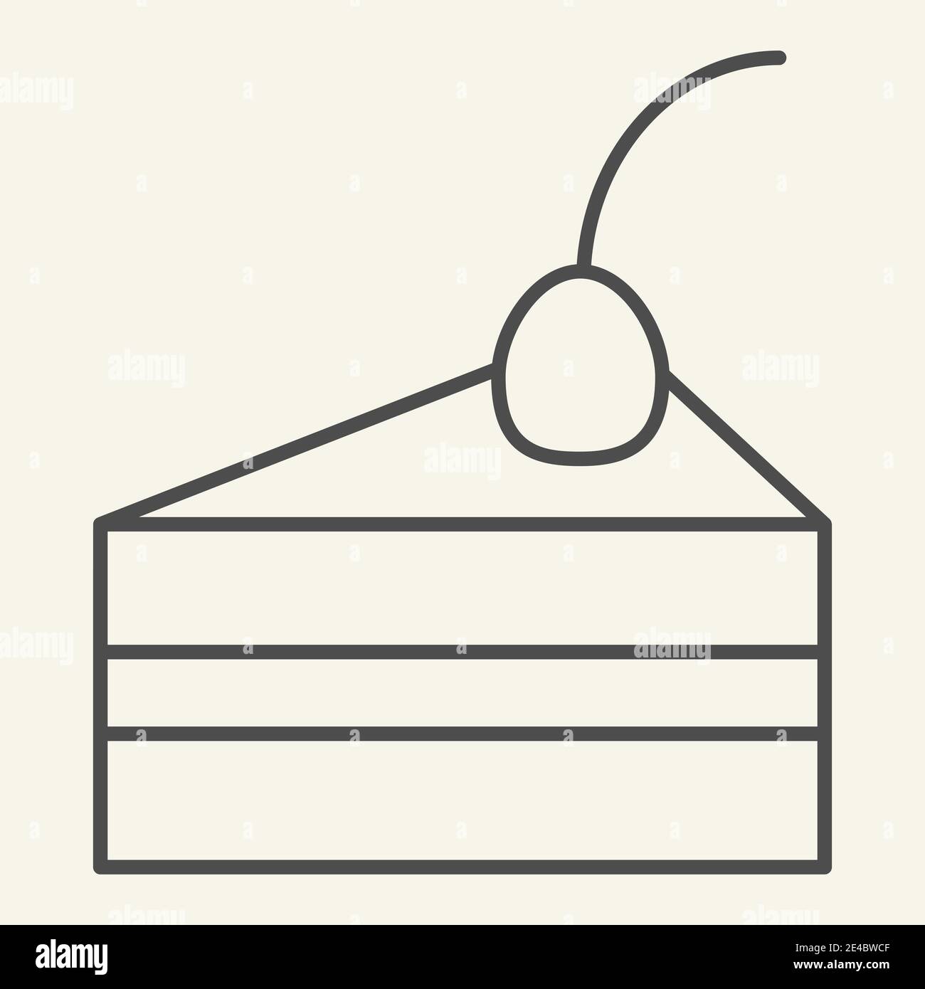 Cake piece thin line icon. Delicious dessert with cream and cherry ...