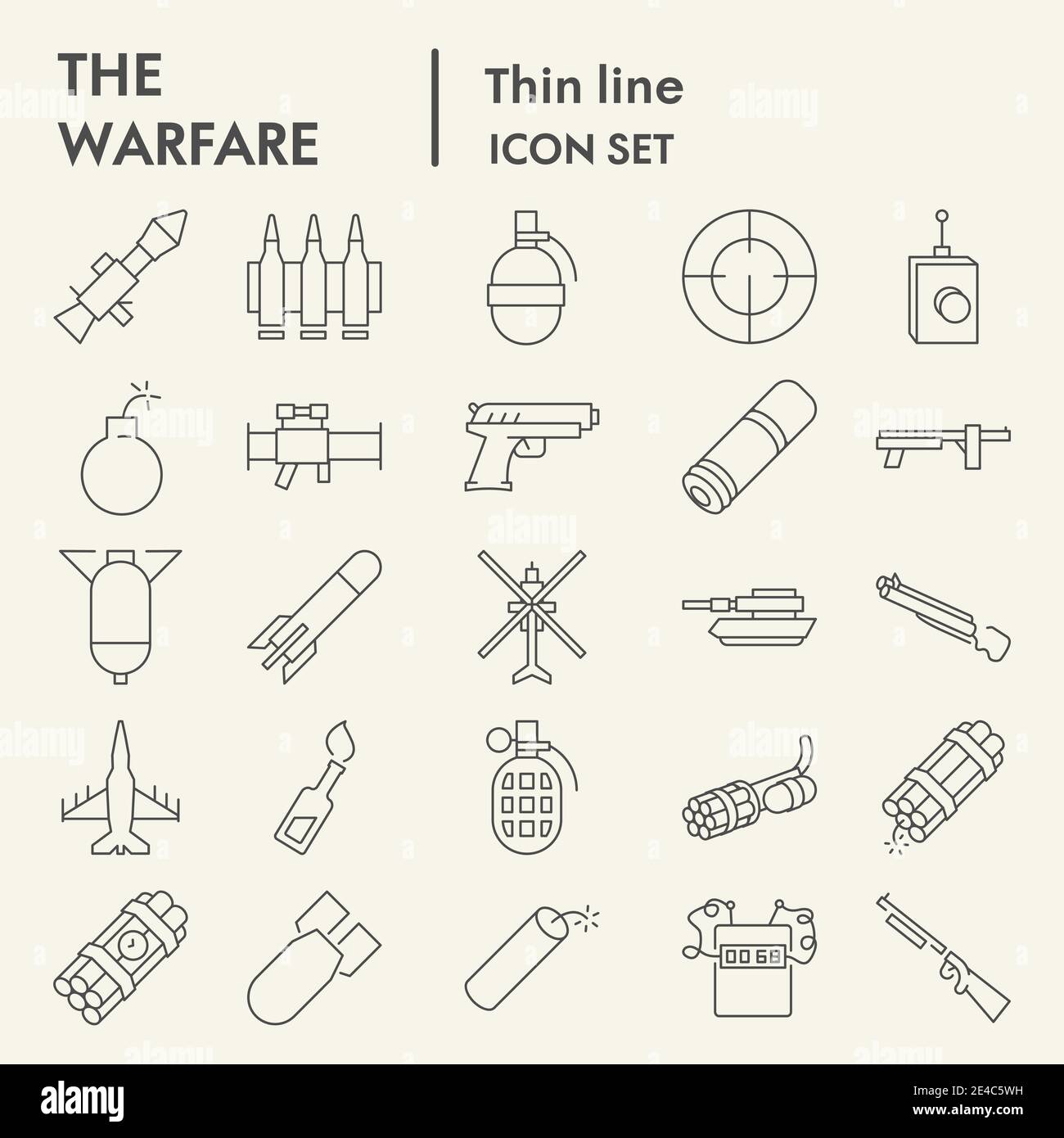 Warfare thin line icon set, weapon symbols collection, vector sketches ...