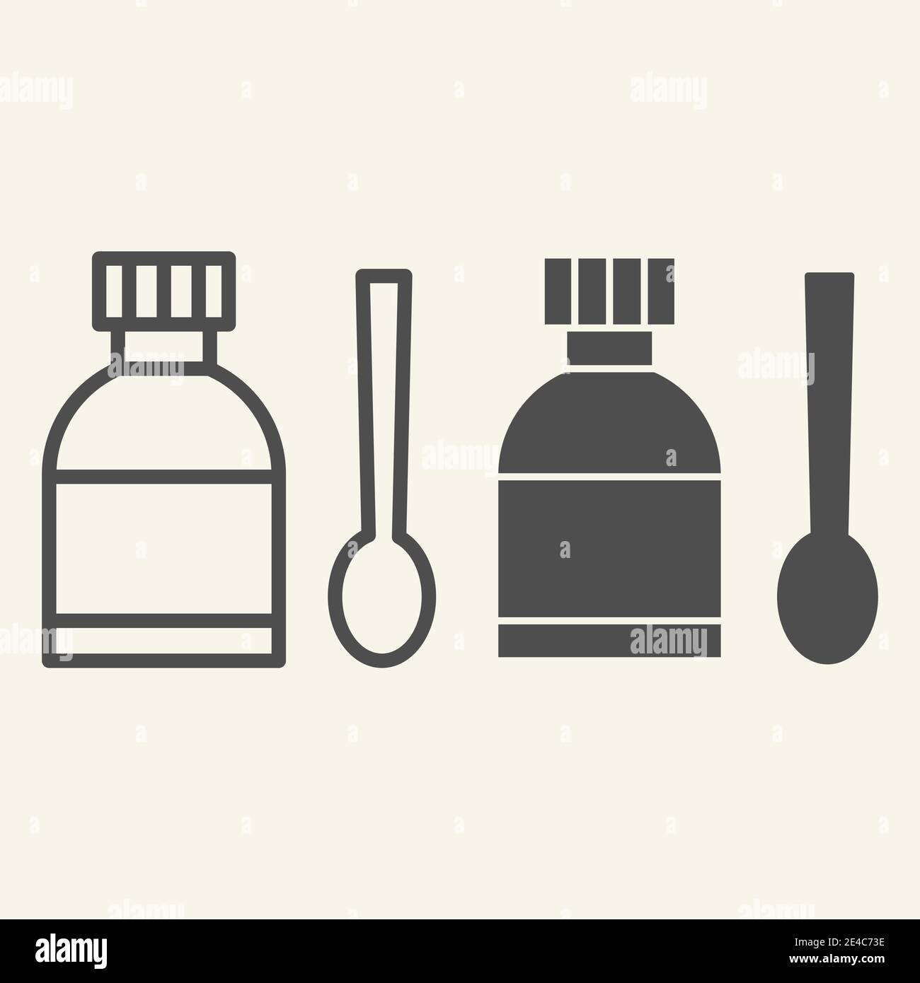 Medical Syrup line and solid icon. Medicine bottle and measuring spoon ...