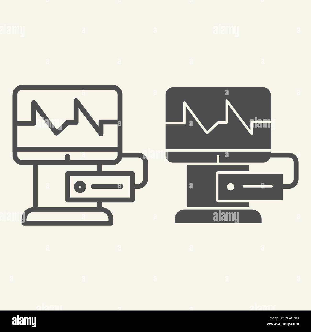 Cardiograph line and solid icon. Electrocardiogram on monitor outline ...