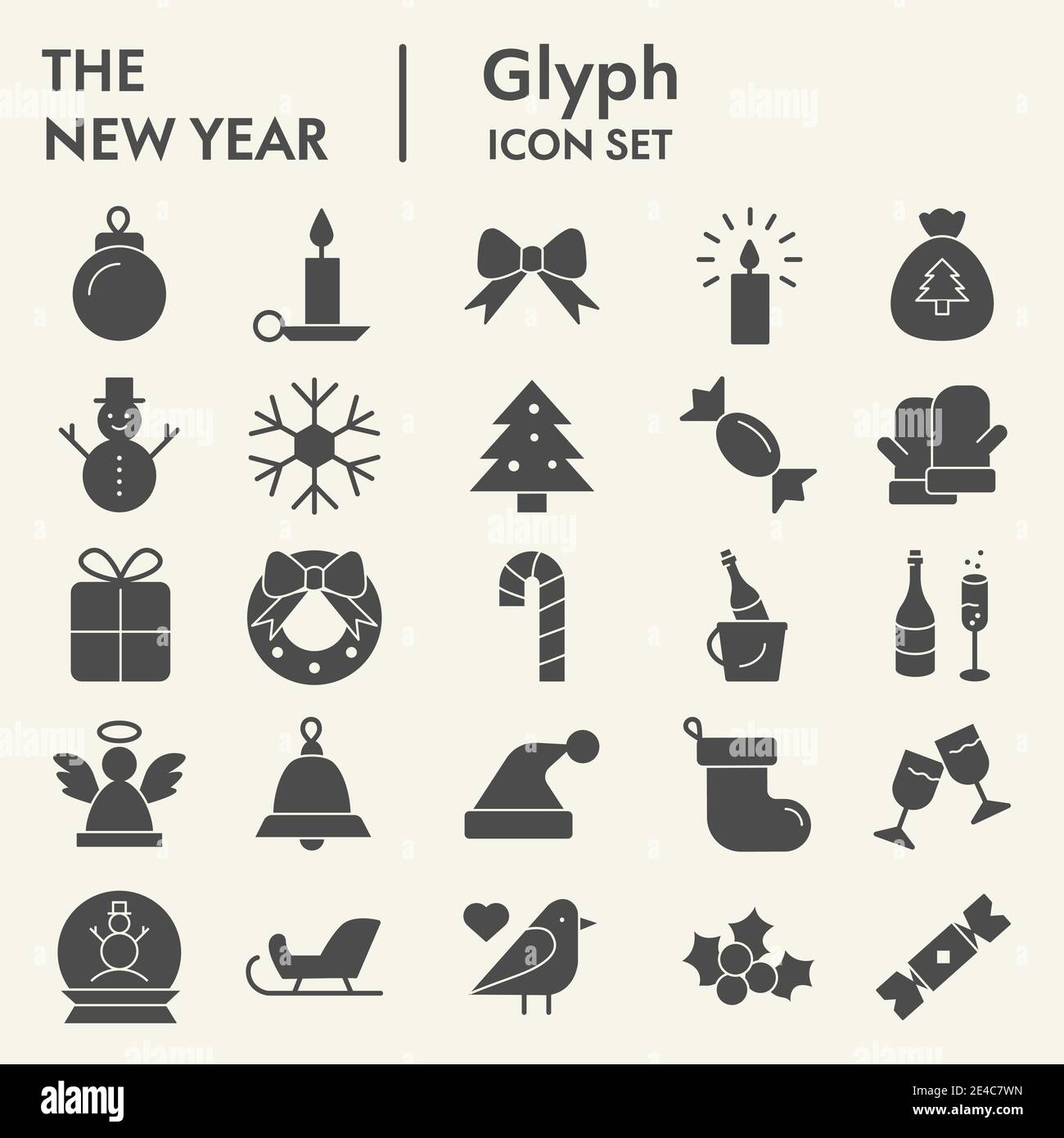 New year solid icon set. Wnter collection or sketche, symbols. Happy ...