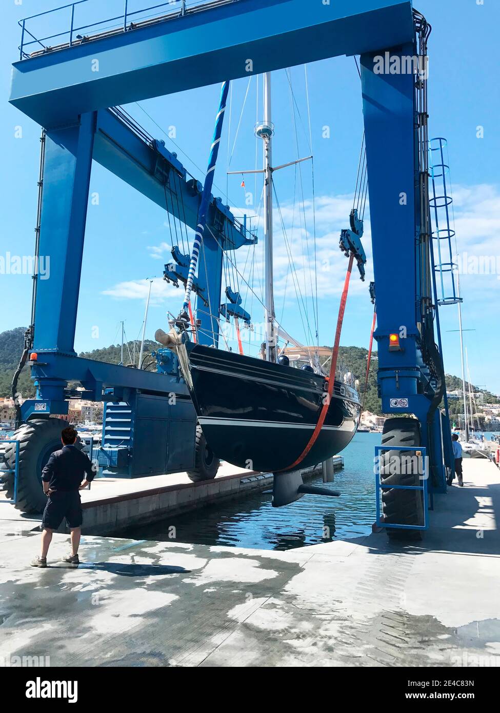 Yacht on a ship hoist, Mallorca, Spain Stock Photo - Alamy