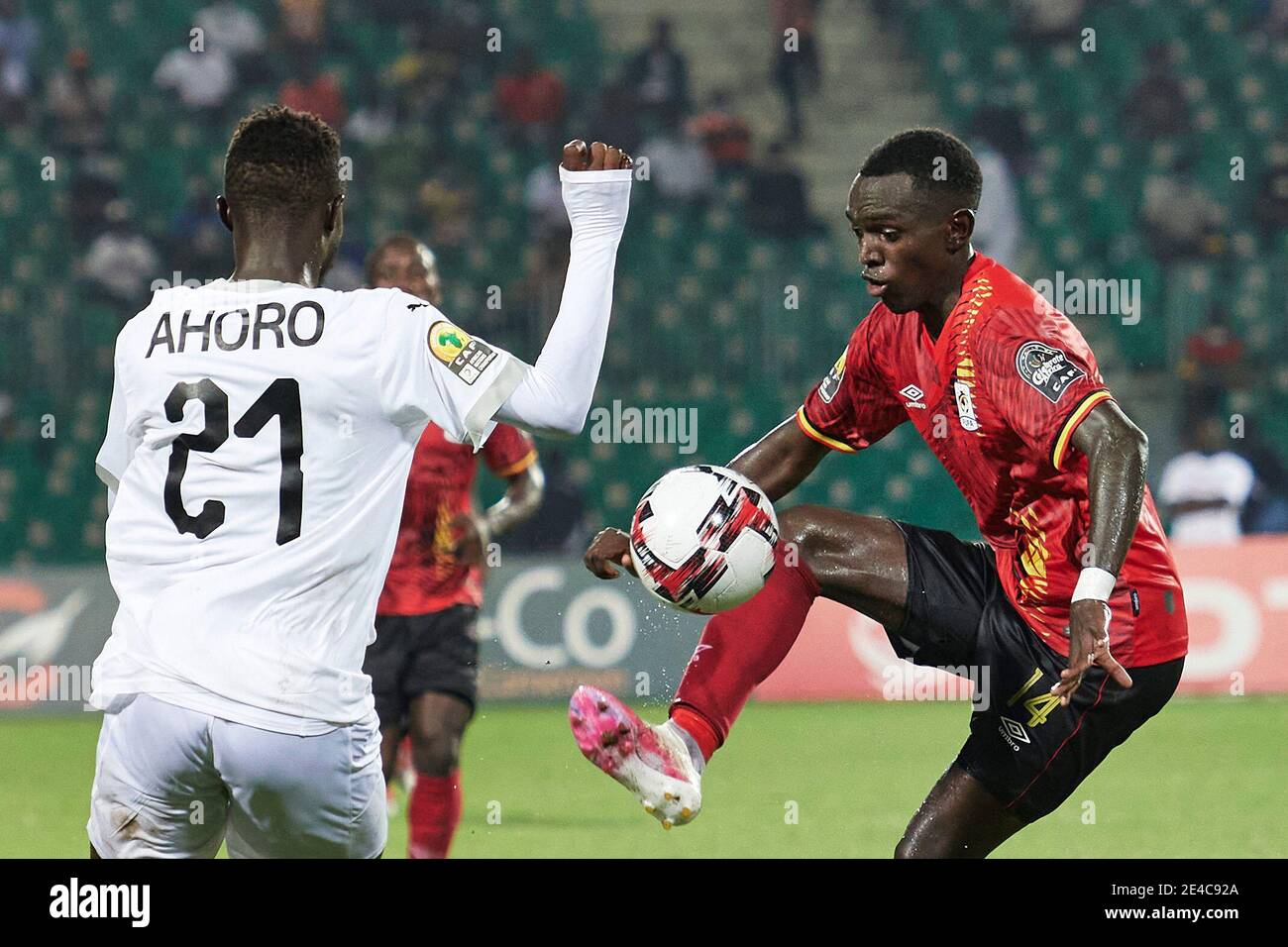 Douala, Cameroon. 22 Jan 2021. Bright Anukani (14, Uganda) controls the ...