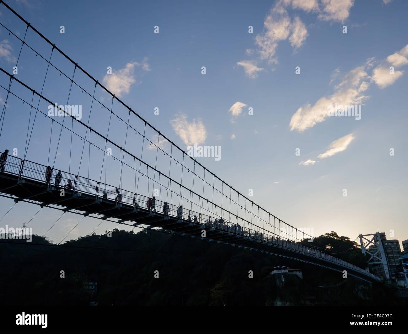 Dusk view of the Bitan Suspension Bridge at Xindian District, Taipei ...