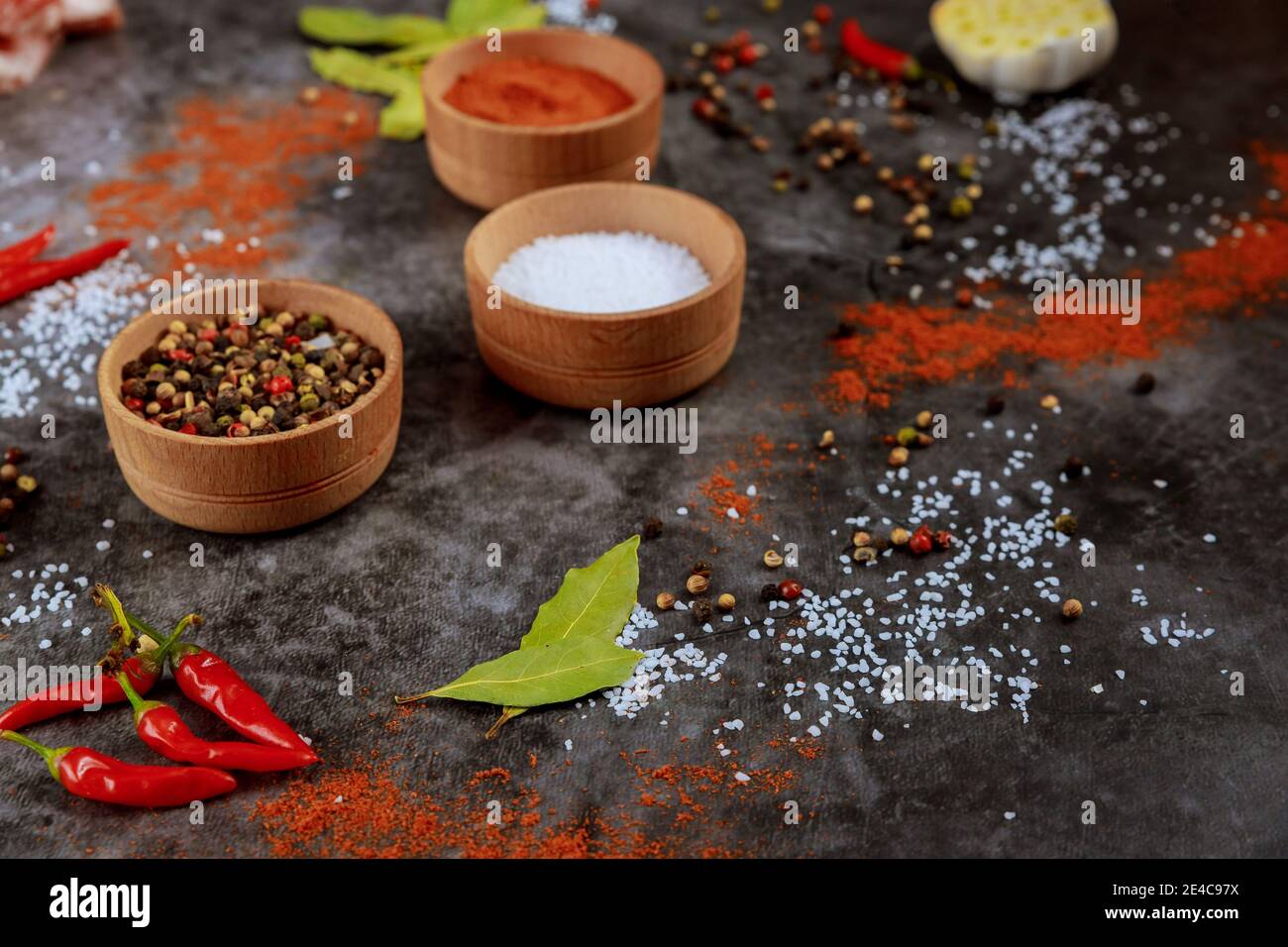 Various of herbs and powder spices on dark background Stock Photo - Alamy