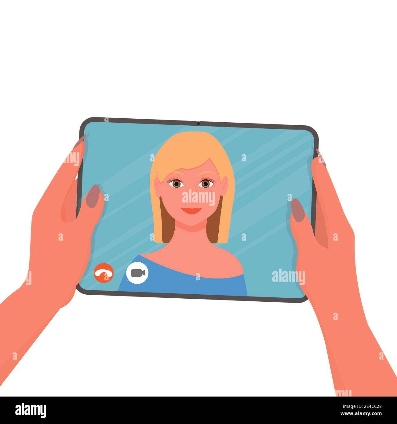 Hands holding tablet, video call, webinar concept isolated on white ...