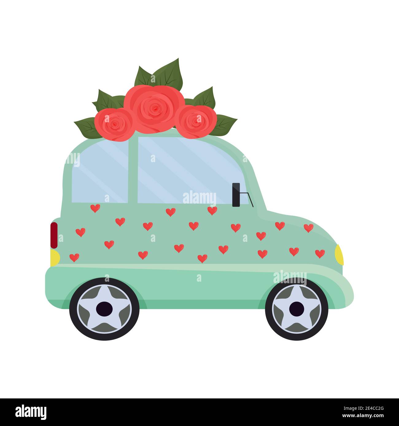 Cute funny car with hearts and flowers roses isolated on white ...