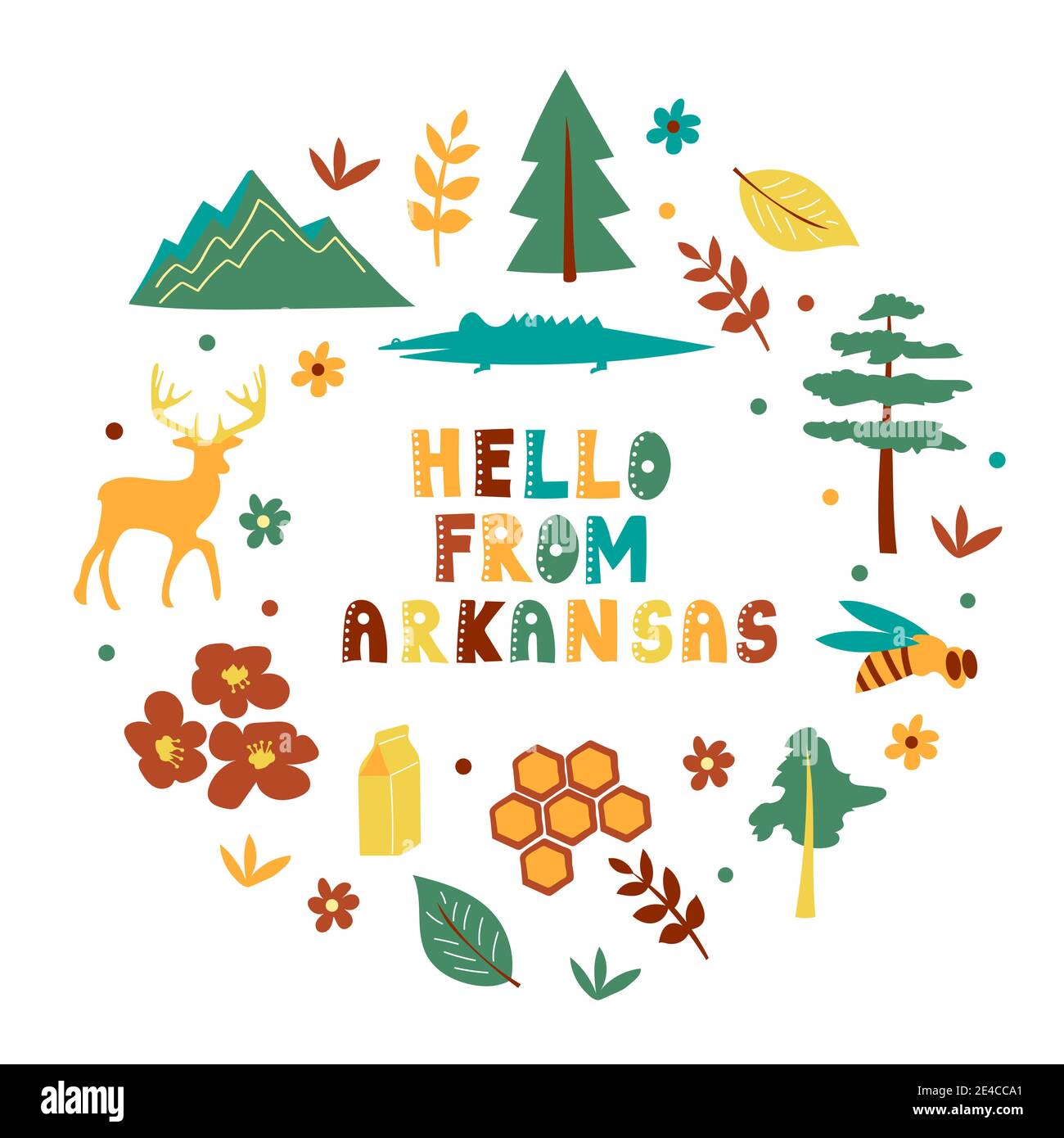 USA collection. Hello from Arkansas theme. State Symbols round shape ...