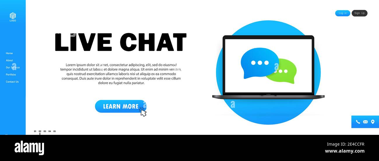 Live chat banner. Message icon in flat design on laptop. Communication ...