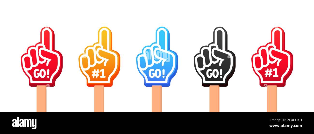Hand up with Go text. Sport team fans. Raised hands wearing foam ...