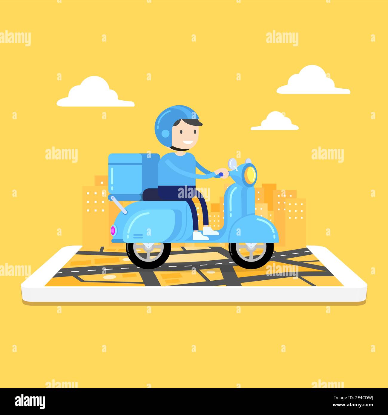 Food delivery service by scooter with courier. Man courier riding ...
