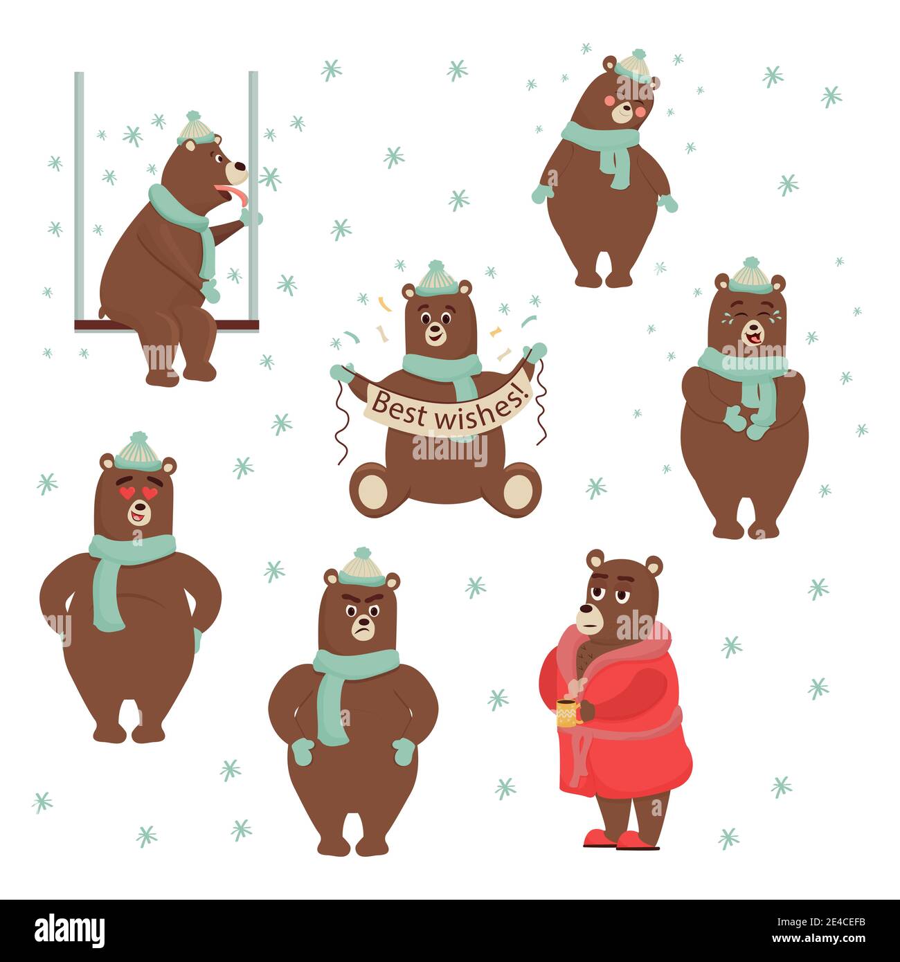 Set of comic bear with scarf and hat, different poses and emotions ...