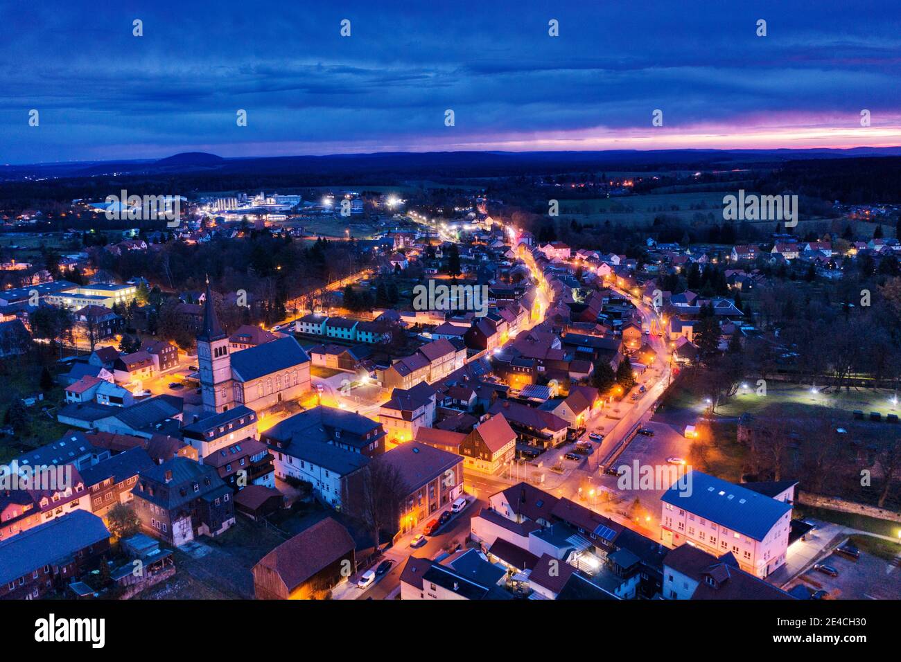 Germany, Thuringia, Ilmenau, Gehren, town, houses, church, dusk, aerial ...