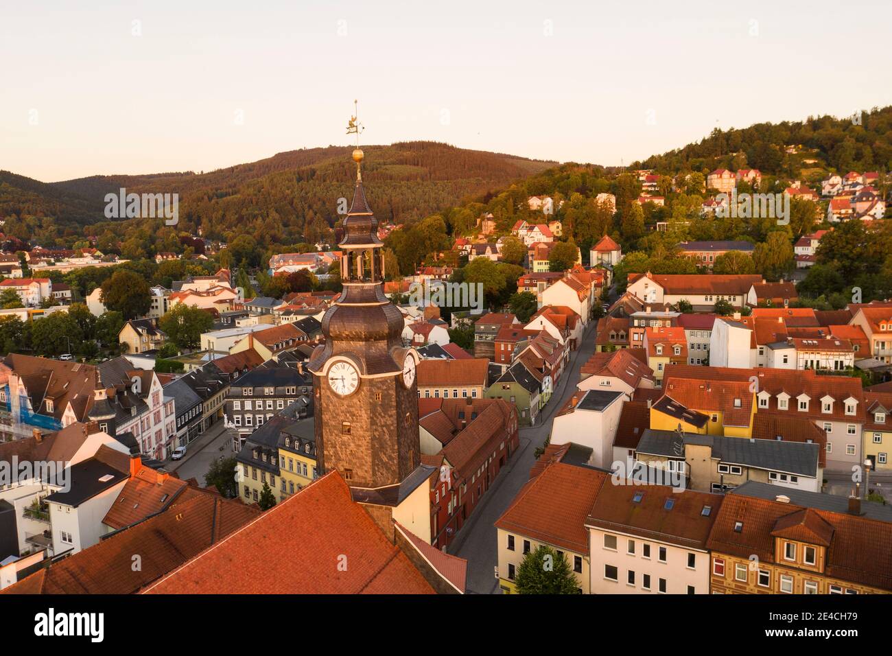 Germany, Thuringia, Ilmenau, town, church tower, mountains, overview ...