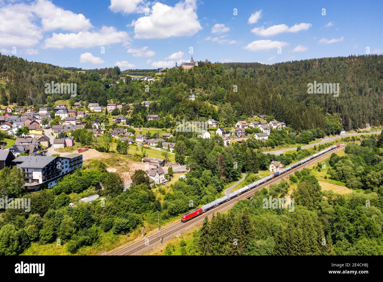 Germany, Bavaria, Lauenstein, train, city, houses, castle, aerial view ...