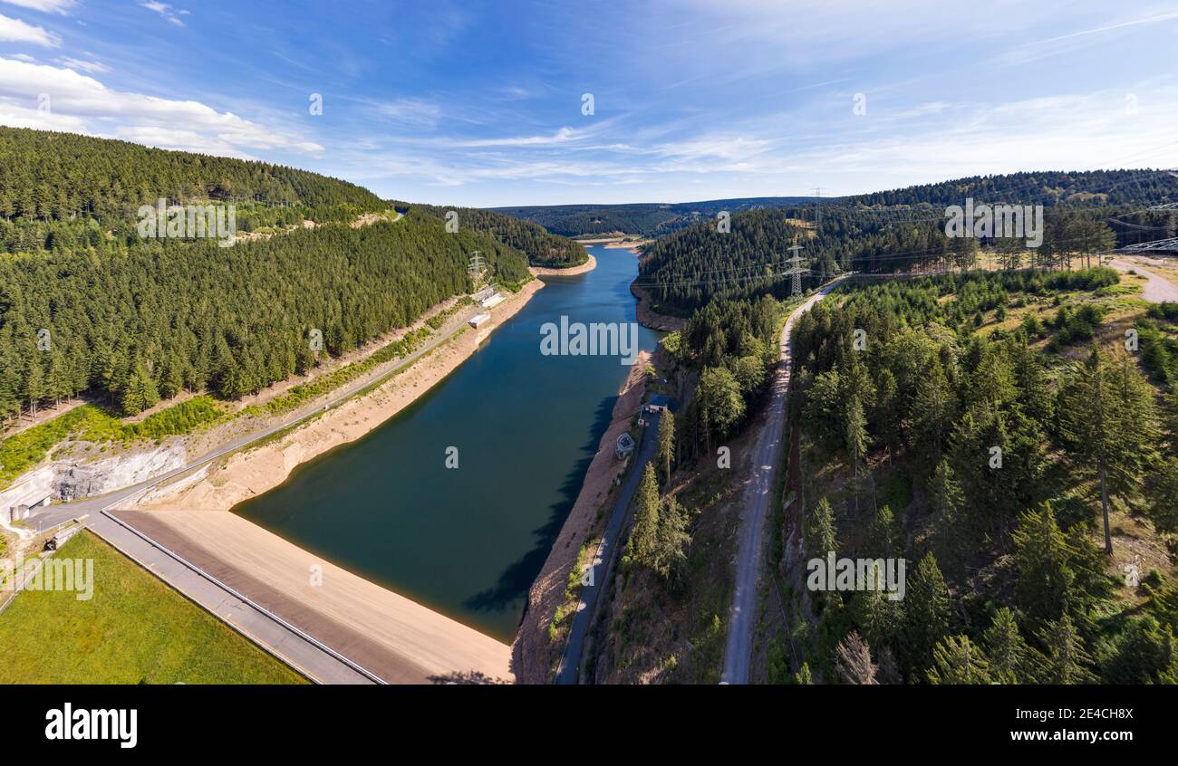 Germany, Thuringia, Goldisthal, dam, forest, dam wall, aerial view ...