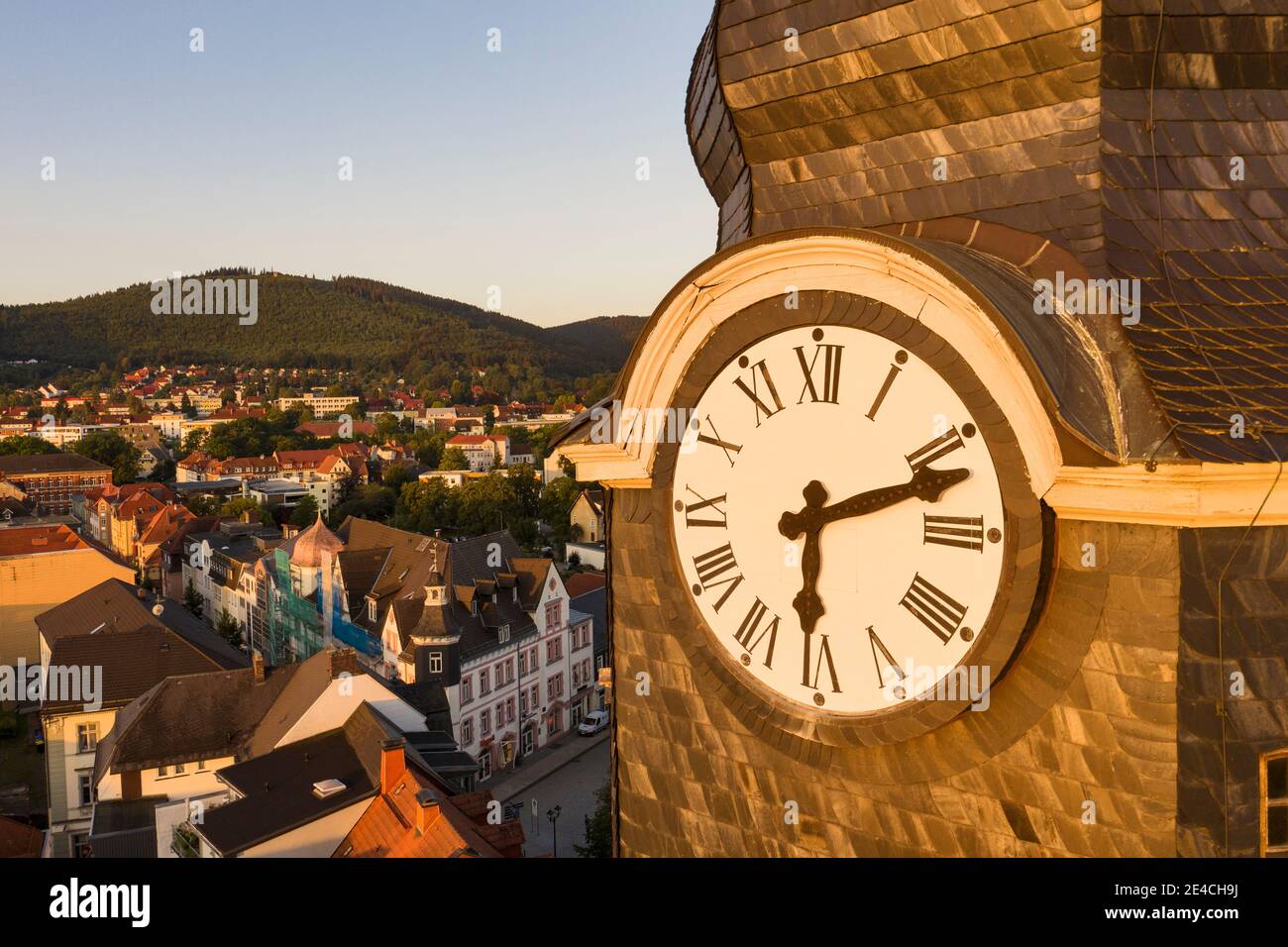 Germany, Thuringia, Ilmenau, town, steeple, steeple clock, mountains ...