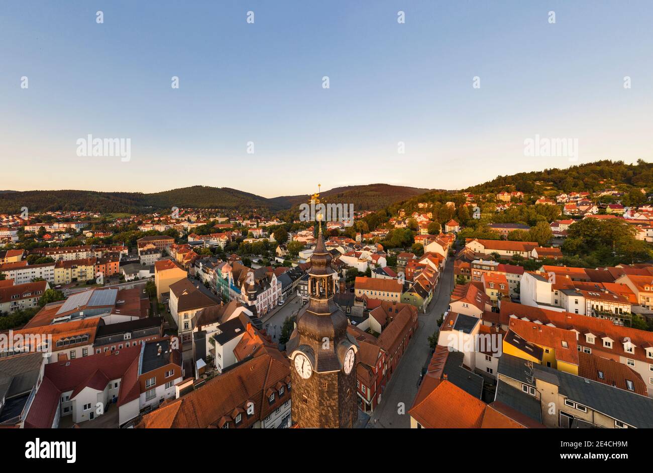 Germany, Thuringia, Ilmenau, town, steeple, mountains, overview, aerial ...
