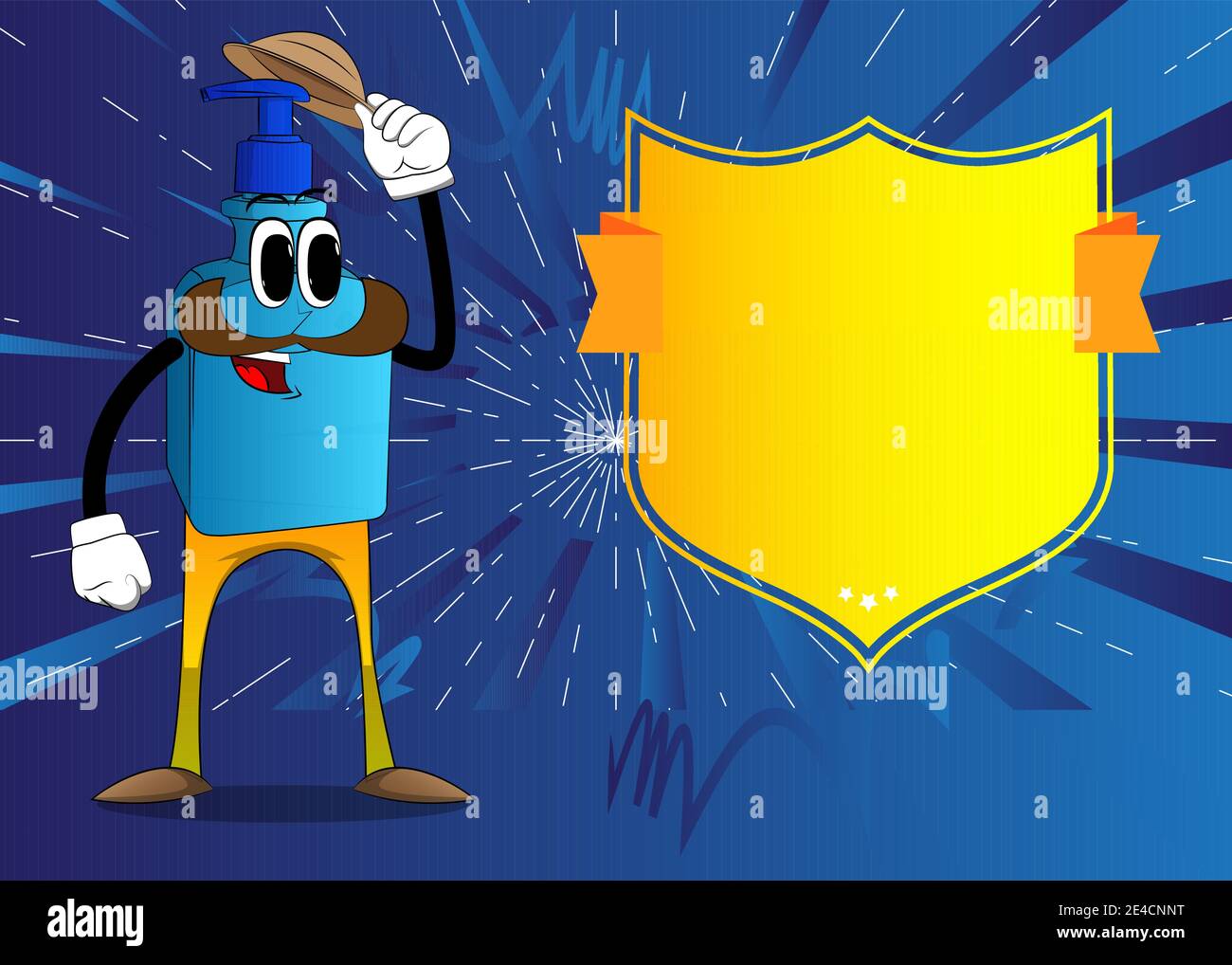 Cartoon bottle of hand sanitizer gel for hygiene with face tipping his ...