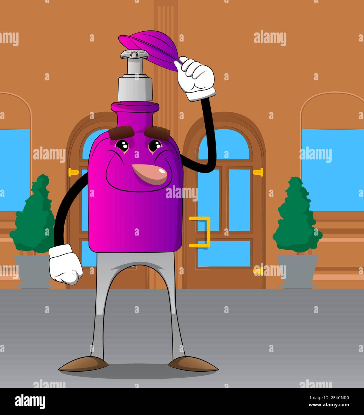 Cartoon bottle of hand sanitizer gel for hygiene with face tipping his ...