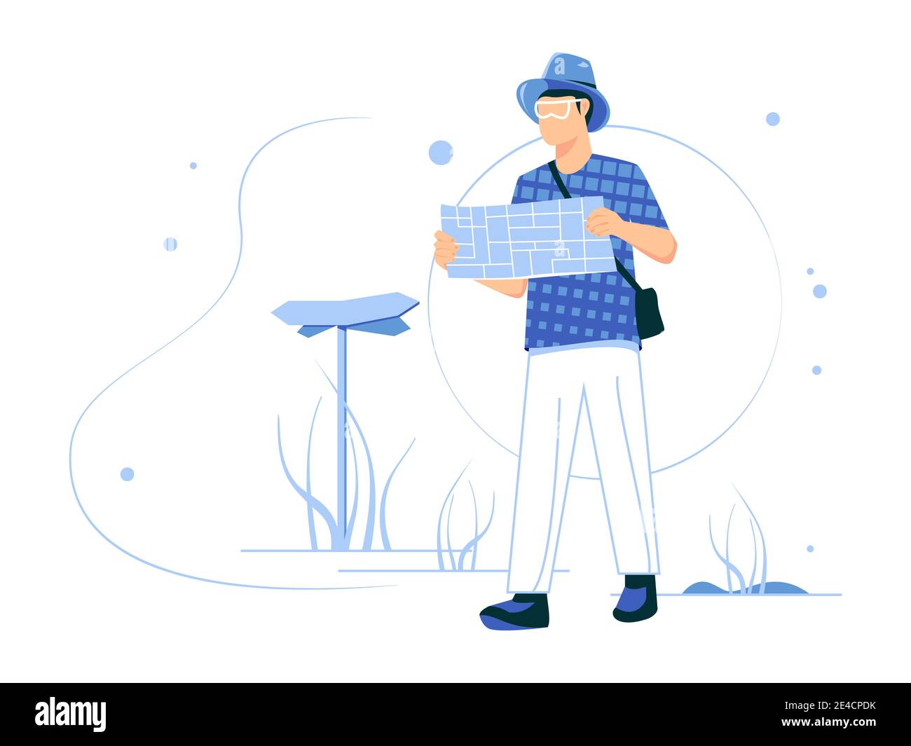 Man is on vacation and adventurous. read directions. Concept of male ...