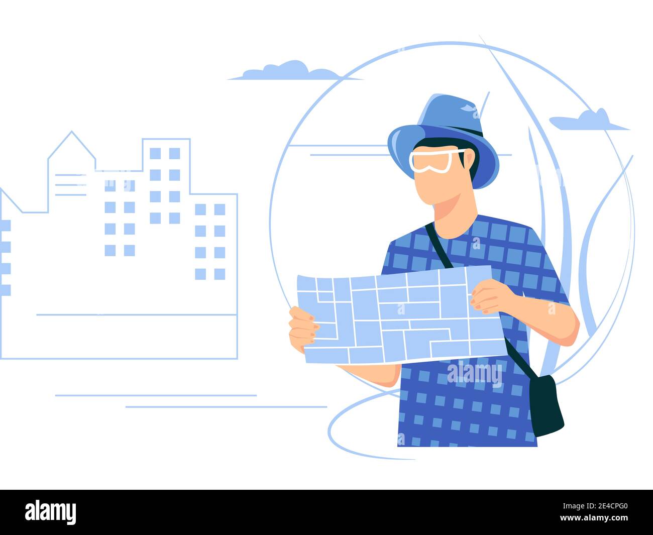 Man is on vacation. read directions. Concept of male character isolated ...