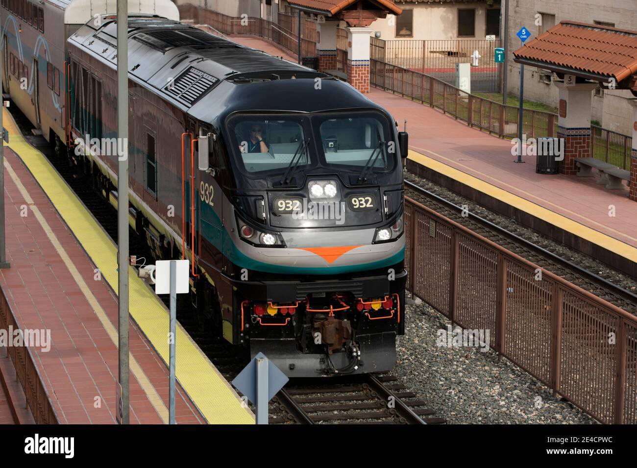 Santa Ana, California, USA - January 10, 2021: A train enters the Santa ...