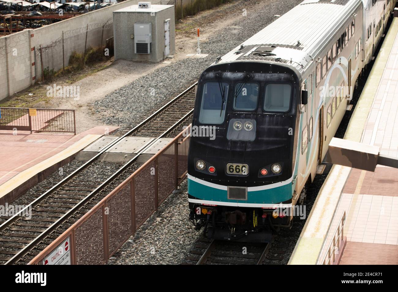 Santa Ana, California, USA - January 10, 2021: A train enters the Santa ...