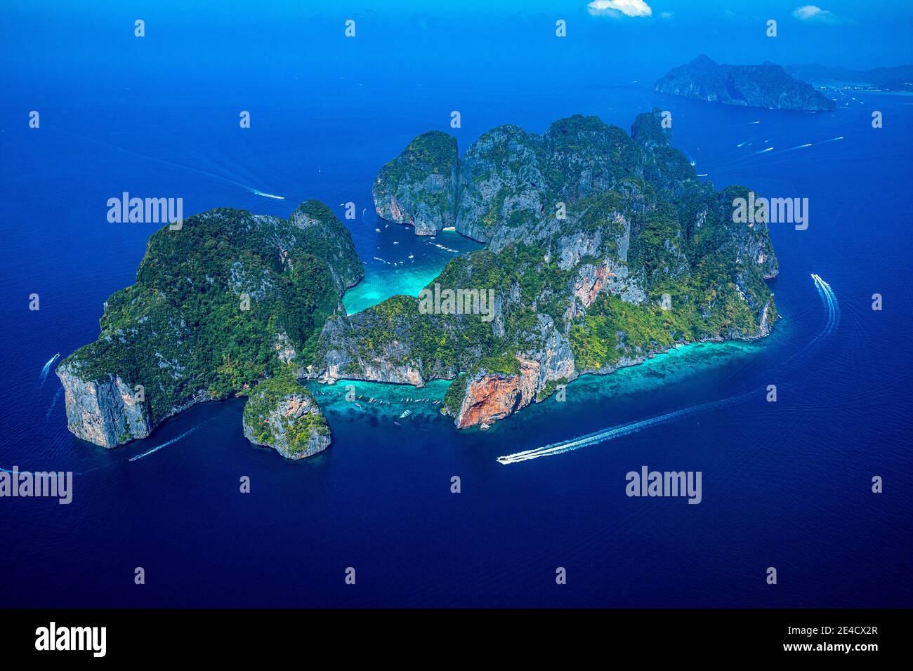Aerial view of Phi-Phi Leh island with Maya Bay and Pileh Lagoon. Krabi ...