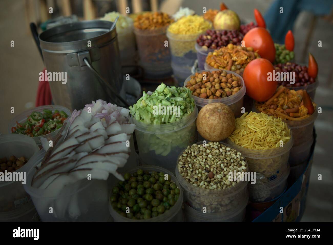 Ingredients for Indian snacks at a roadside vendor Stock Photo - Alamy
