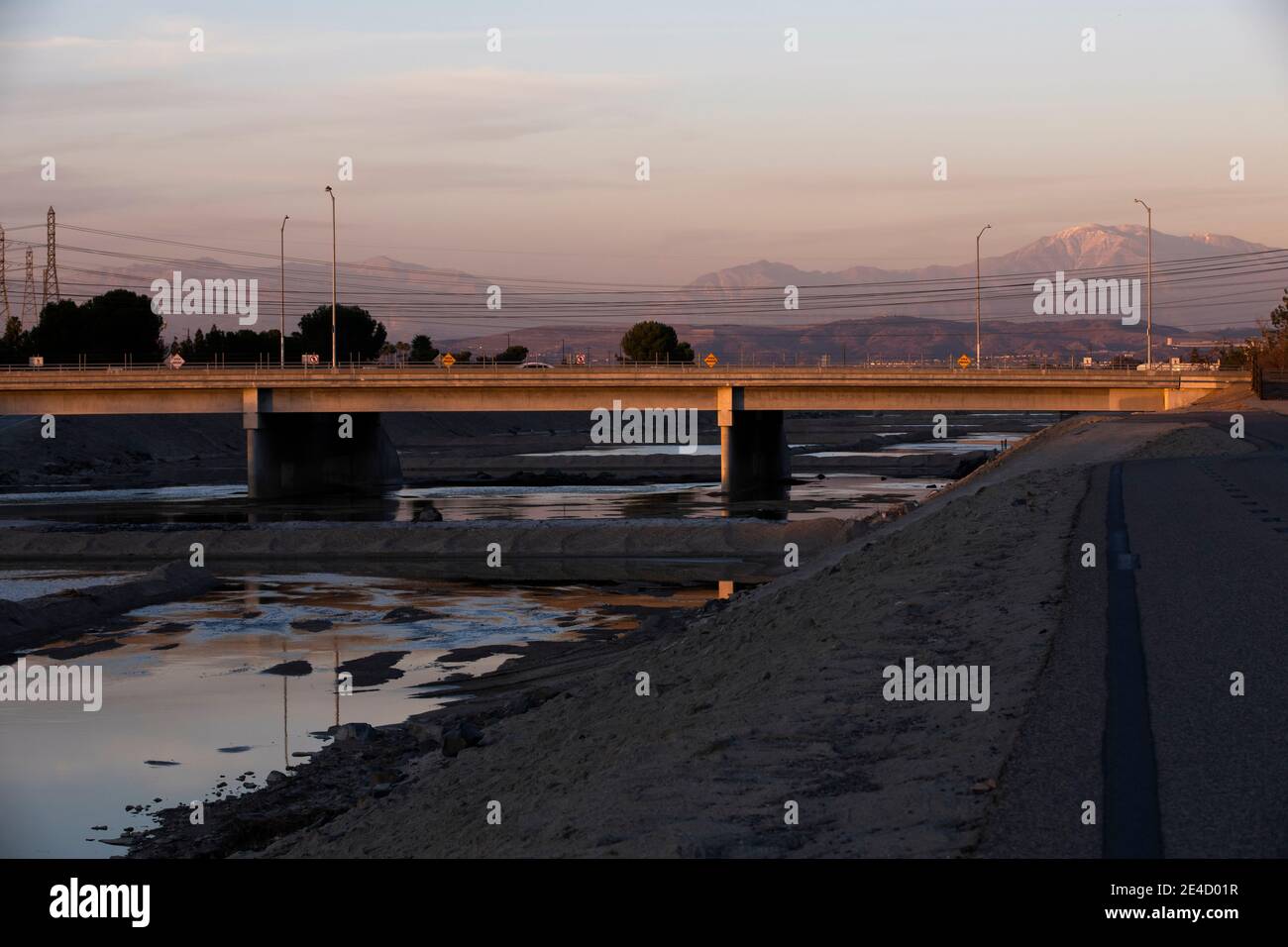 Sunset view of the Santa Ana River as it winds its way through Anaheim ...