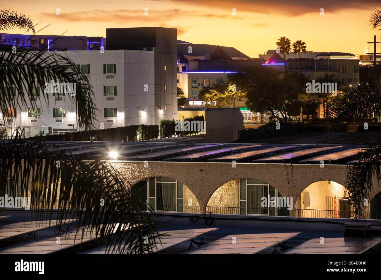 Twilight view of the skyline of downtown Anaheim, California, USA Stock ...