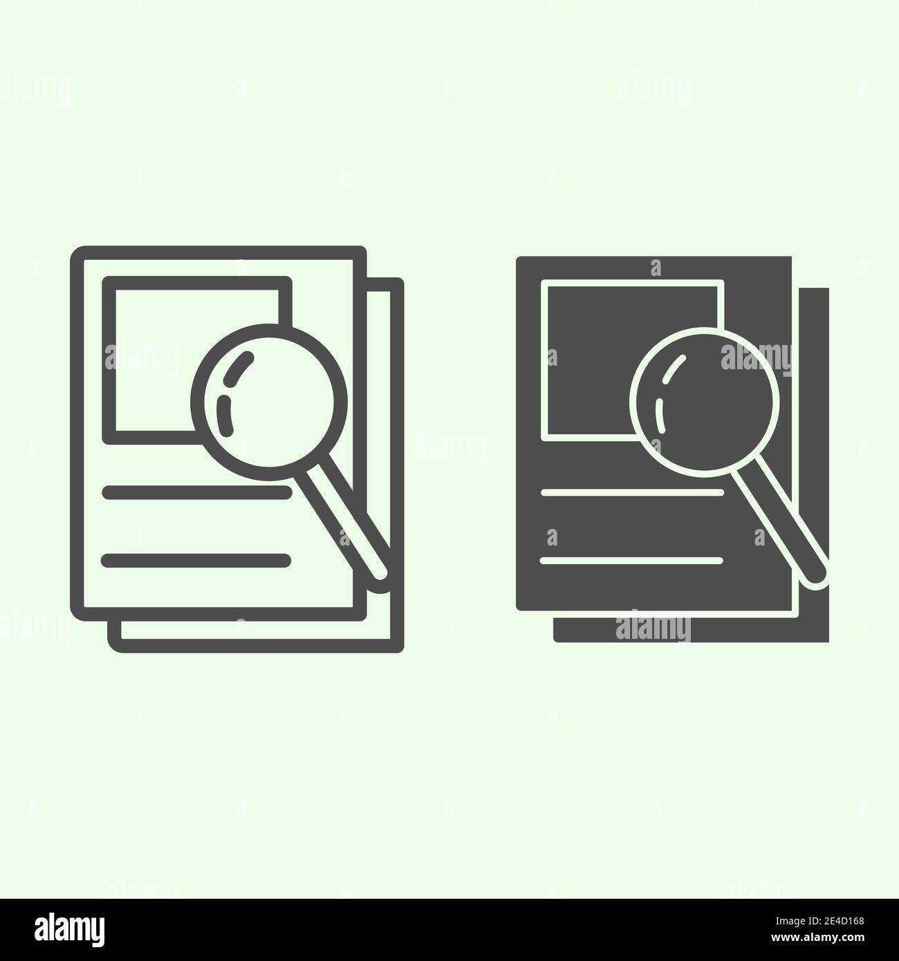 Document search line and solid icon. Audit Files and loupe on papers ...