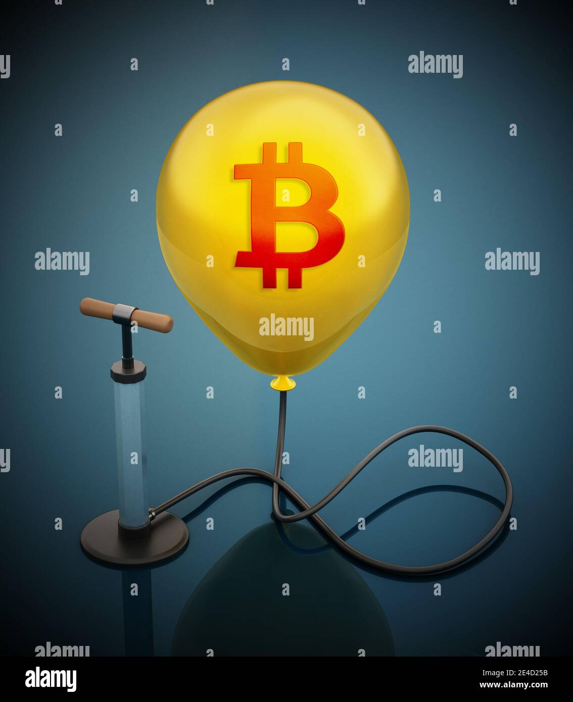 Manual hand pump connected to the inflated yellow balloon with Bitcoin ...