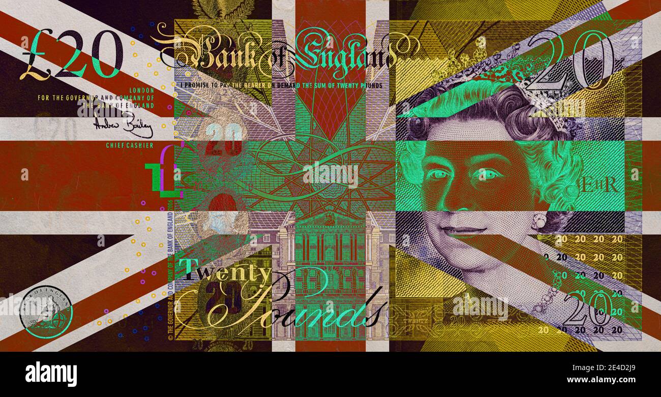 Transparent British flag on 20 Pound sterling banknote background for ...