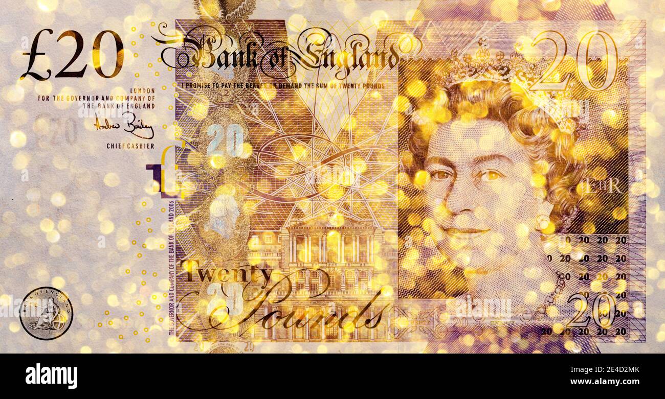 20 Pound sterling banknote with golden glitter background for design ...