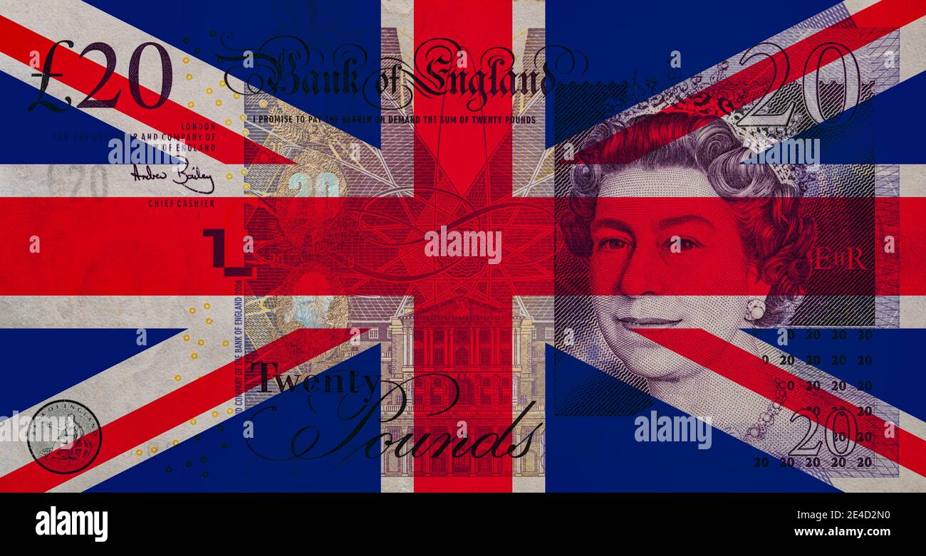 Transparent British flag on 20 Pound sterling banknote background for ...