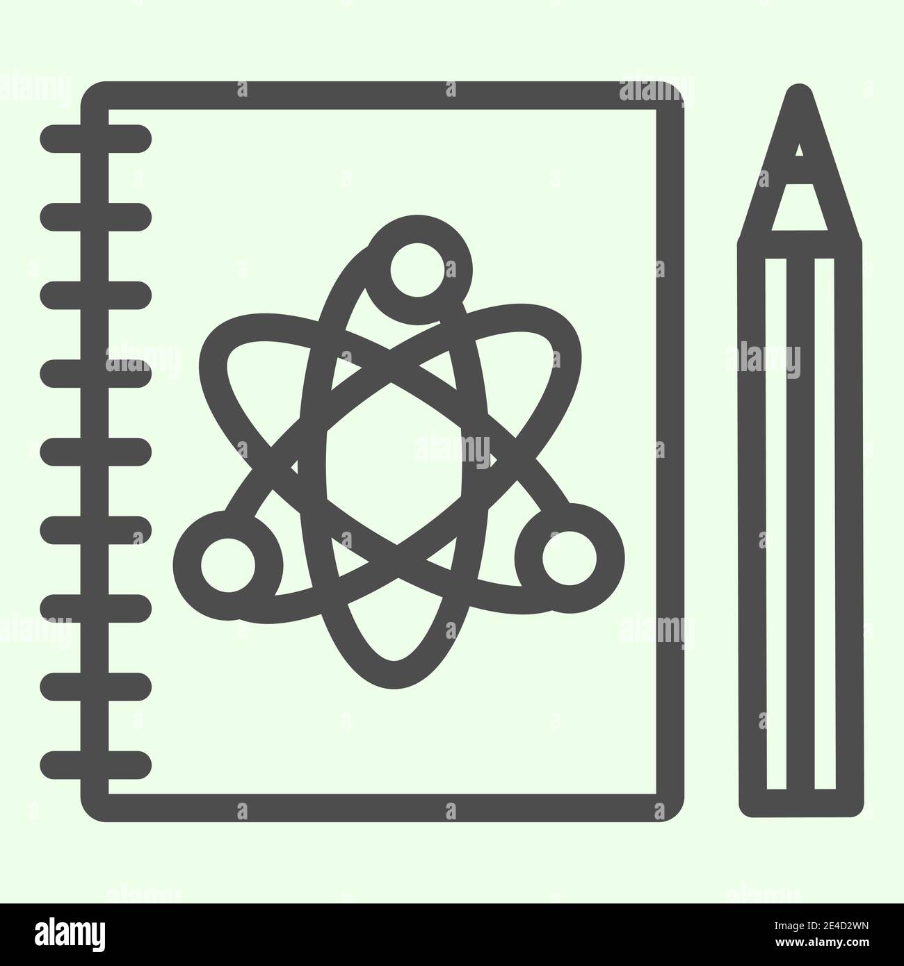 Science notepad line icon. Workbook with atom symbol and pencil outline ...
