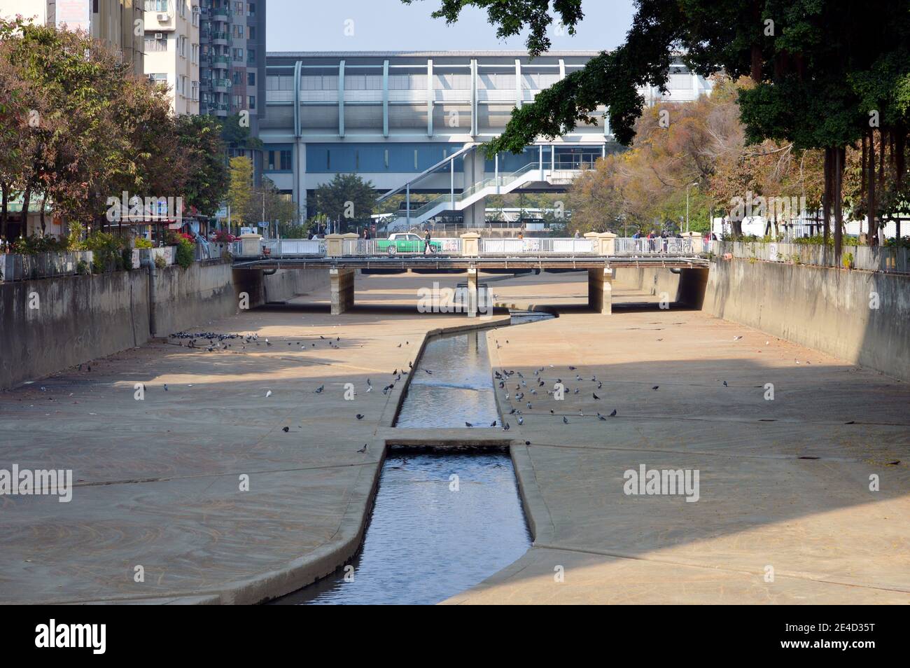 Looking north over the Yuen Long Nullah in Yuen Long, Hong Kong with ...