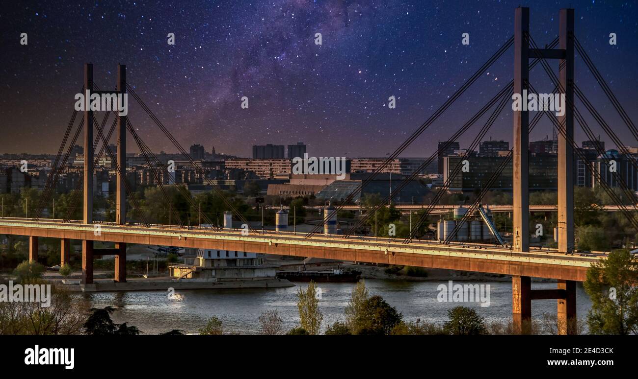 Cable bridge at night Stock Photo - Alamy
